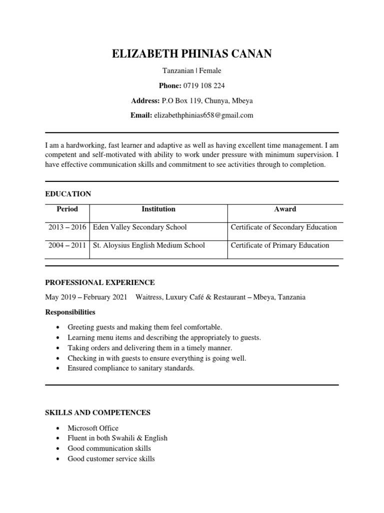 Elizabeth Phinias CV: Tanzanian Waitress Skills & Experience | PDF ...