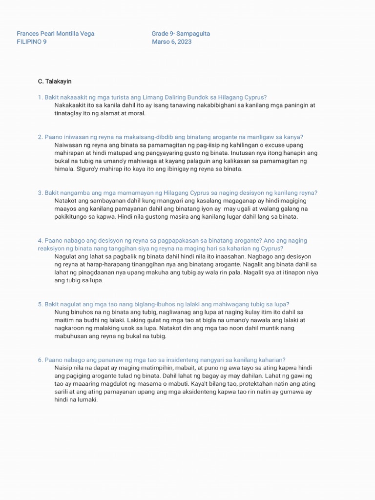 Grade 9 Filipino Limang Daliring Bundok | PDF