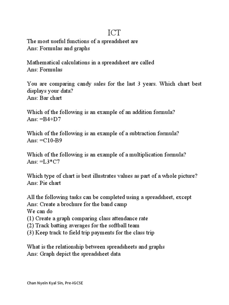 ICT Questions | PDF | Spreadsheet | Formula