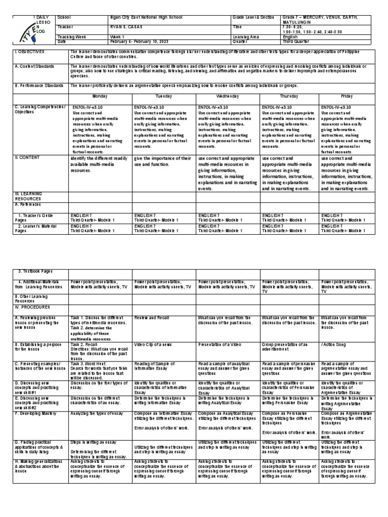 DAILY LESSON LOG Grade 10 Week 3 | Download Free PDF | Essays | Multimedia