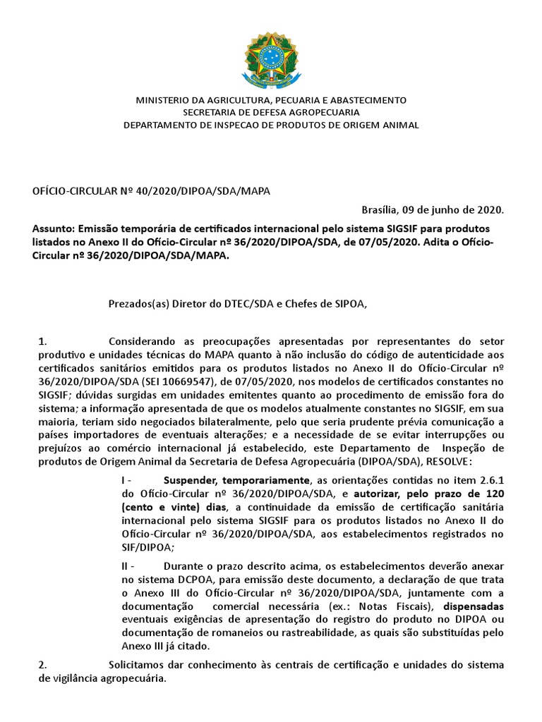 SEI - MAPA - 10964636 - Ofício-Circular 40 - 2020 | PDF