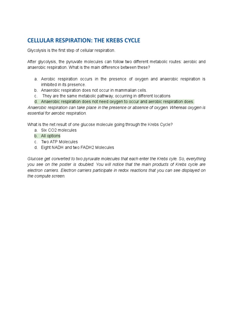 Cellular Respiration - The Krebs Cycle | PDF