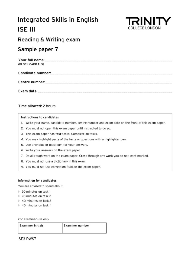 ISE III Sample Paper 7 (With Answers) | PDF