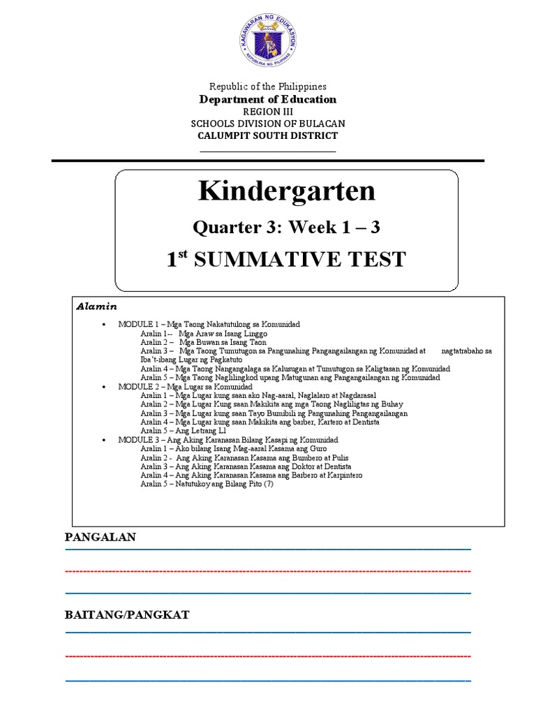 1st SUMMATIVE TEST IN KINDER Q 3 | PDF
