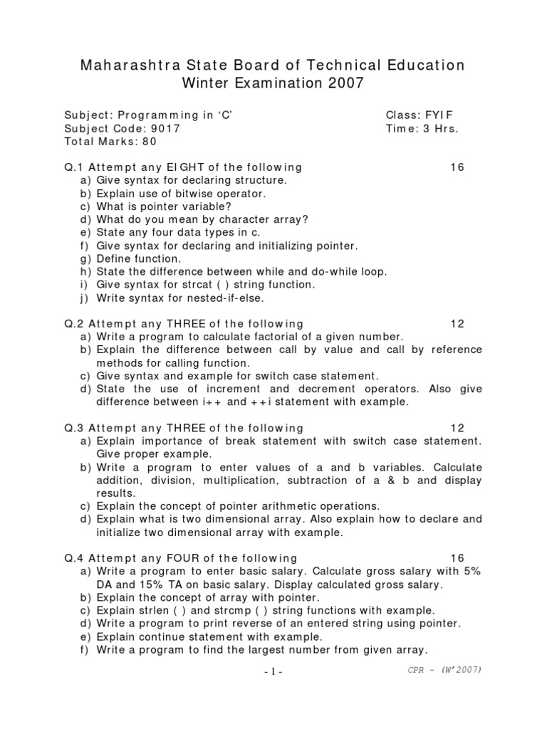 Msbte - Winter 2007 | PDF | C (Programming Language) | Pointer (Computer Programming)