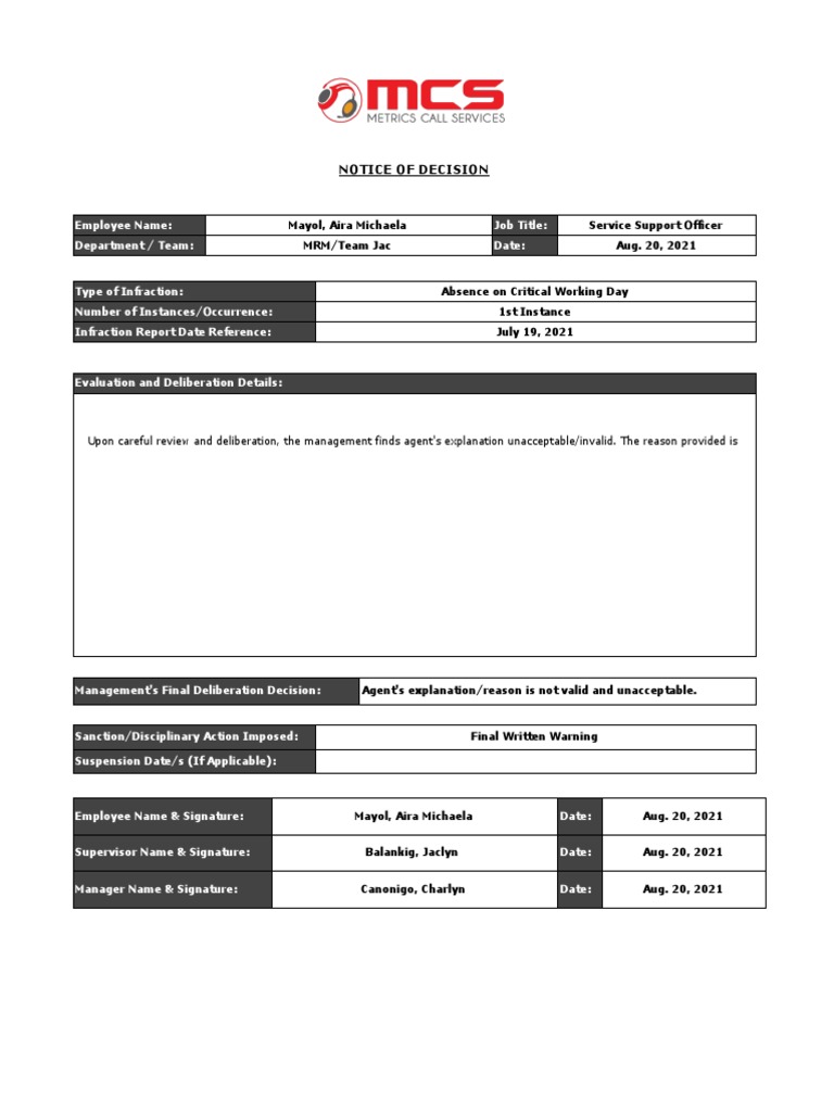 Final Written Warning for Absence | PDF