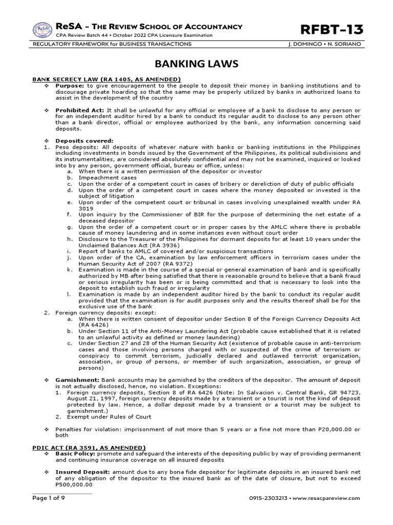 RFBT 13 Banking Laws | PDF