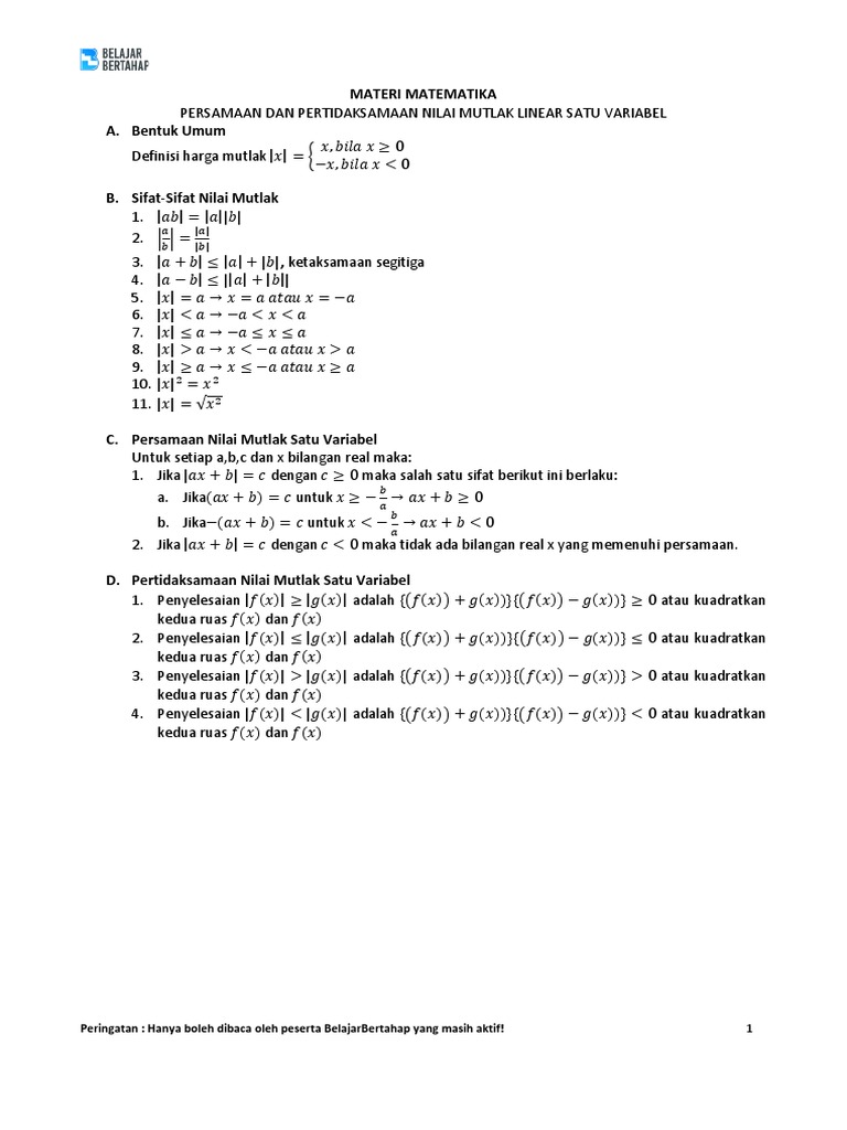 Persamaan Dan Pertidaksamaan Nilai Mutlak Linear Satu Variabel | PDF