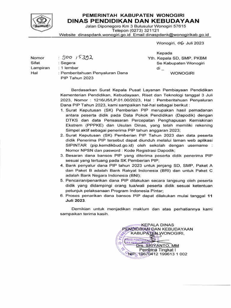 Pemberitahuan SK Pemberian PIP 2023 | PDF