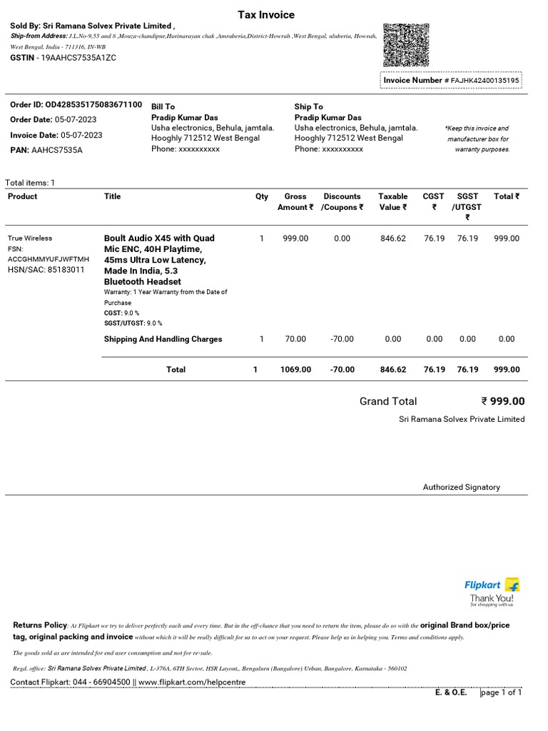 Invoice for Boult Audio X45 Purchase | PDF | Economies