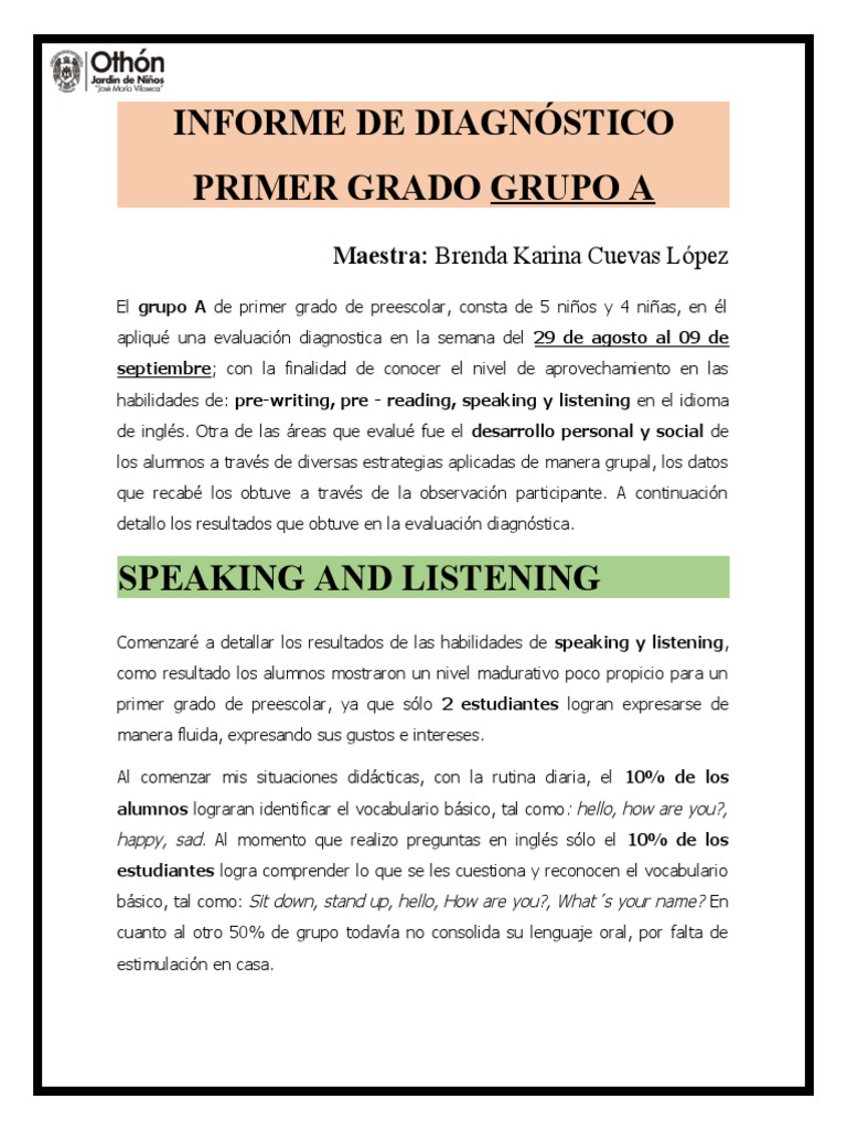 Informe de Diagnóstico Primer Grado Grupo A | PDF | Educación de la ...