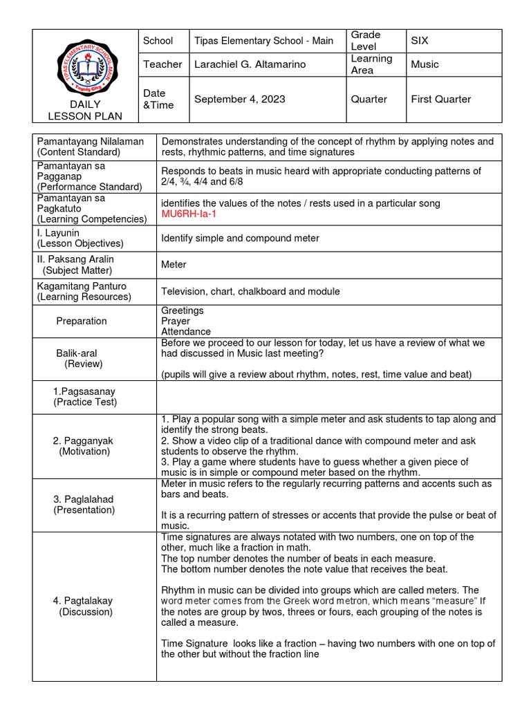 DLL_MAPEH-6_Q1_W2-September-8_Music | PDF | Rhythm | Poetics