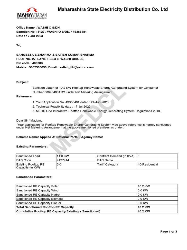 Sanction Letter 49366481 | PDF | Sustainable Energy | Power (Physics)