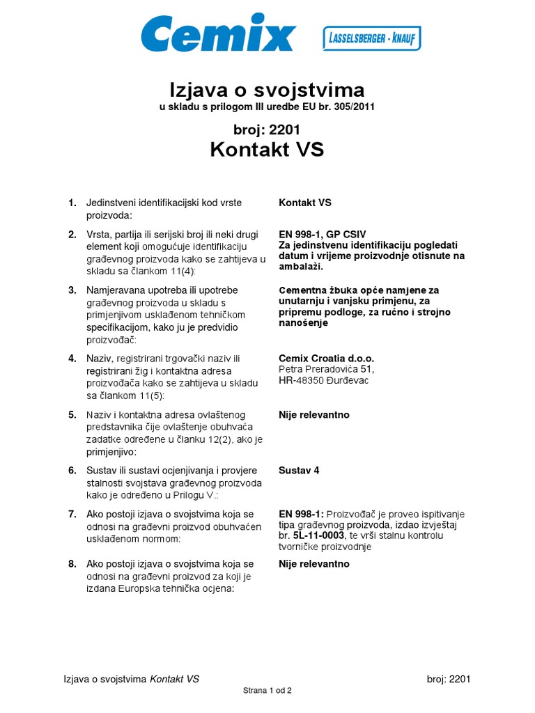 13 Izjava o Svojstvima Kontakt VS 2020 | PDF