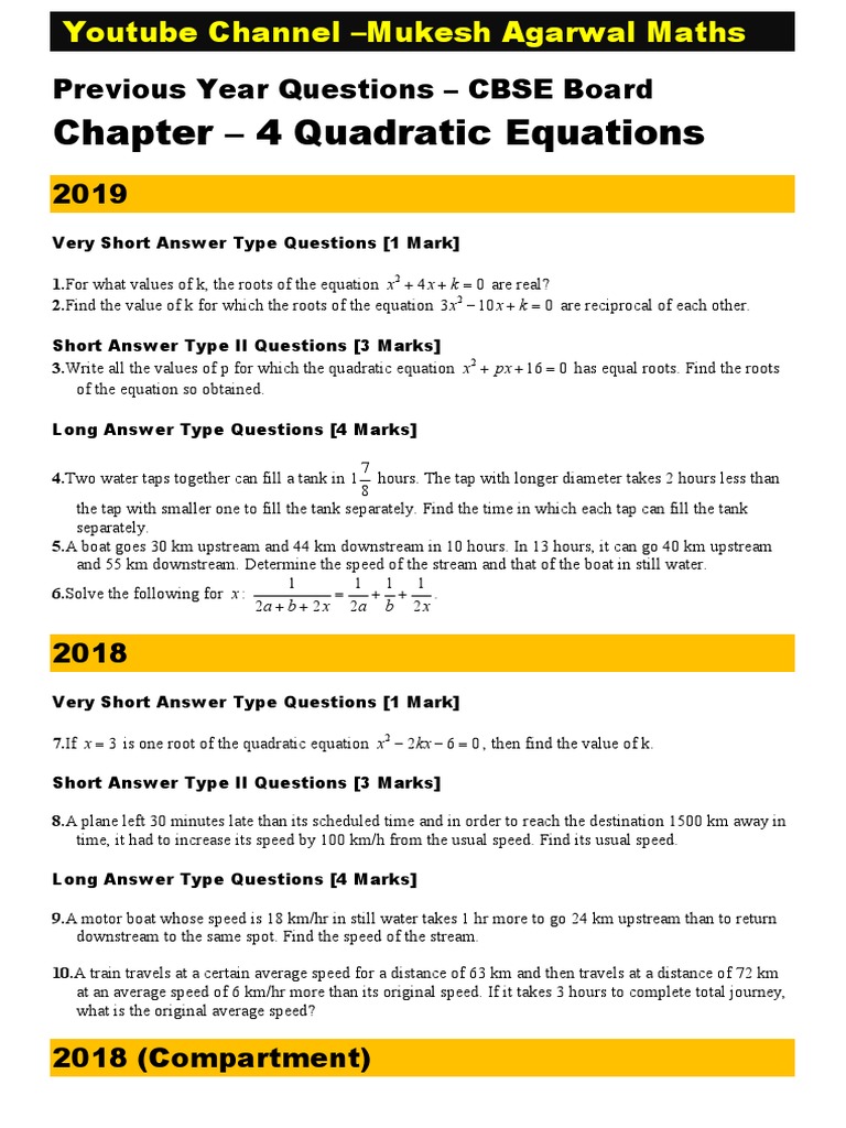 PYQ Class 10 Maths (2013-2019) | PDF | Quadratic Equation | Equations
