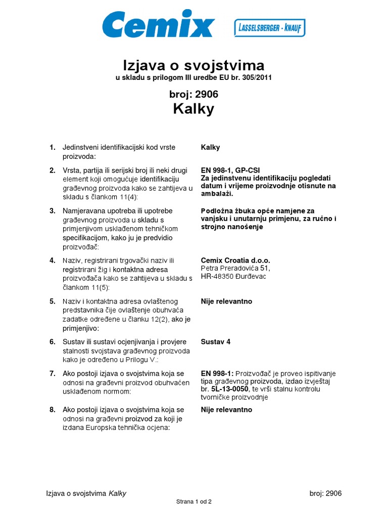 24 Izjava o Svojstvima Kalky 2020 | PDF