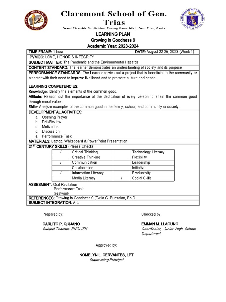 Esp 9 Learning Plan 1 | PDF | Learning | Literacy