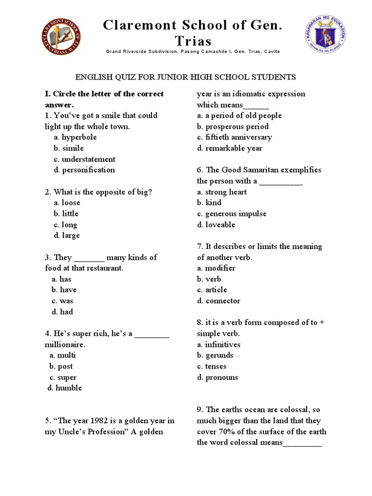 English Quiz For Junior High School Students | PDF | Morphology ...