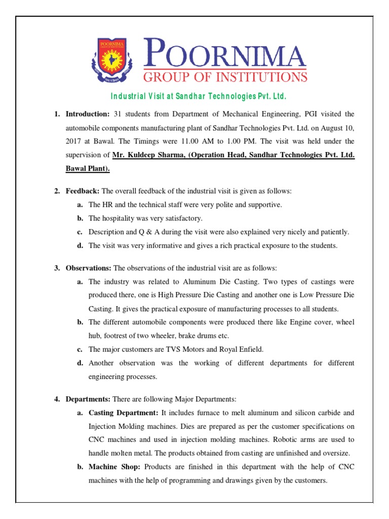 Report On Industrial Visit From PGI Students at Diffrent Industries ...