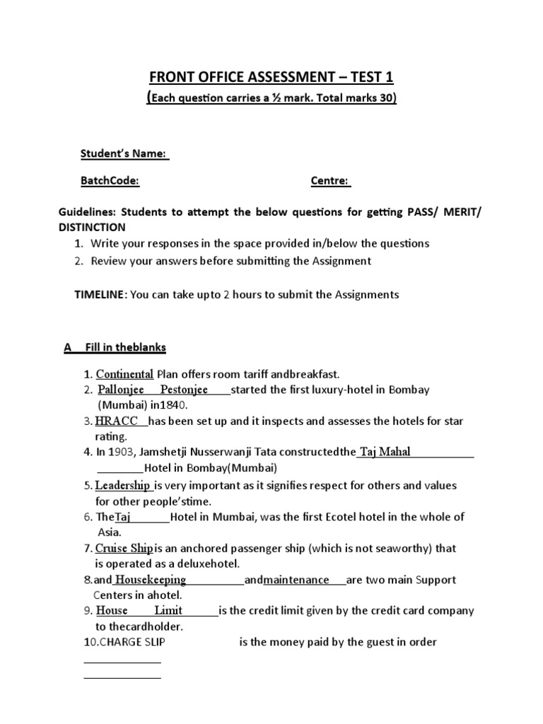 Front Office Assessment Test | PDF | Hotel | Cheque