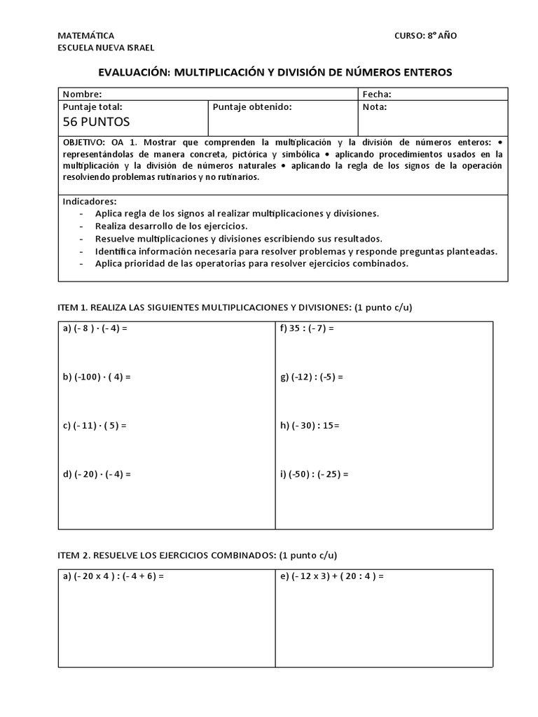 EVALUACIÓN Números Enteros2 | PDF