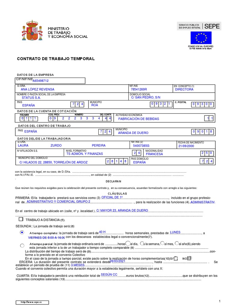 Contrato de Trabajo Temporal en España | PDF | Tiempo de trabajo ...