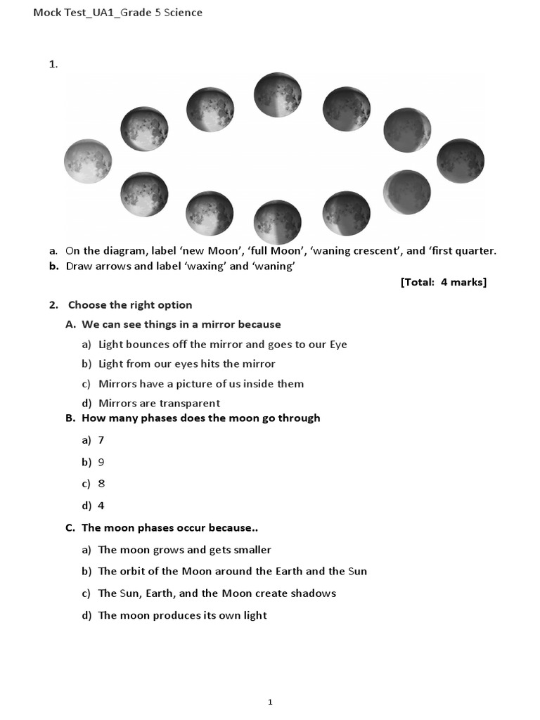 Grade 5 Science Mock Test For UA1 October22 1 | PDF | Moon | Bodies Of ...