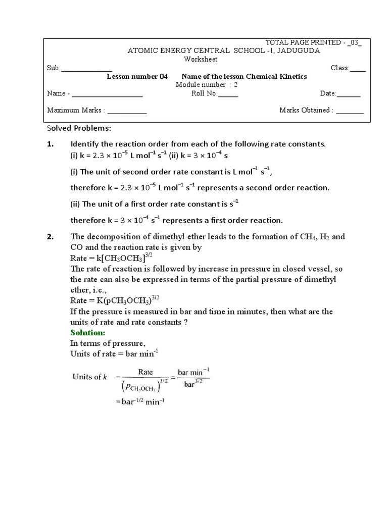 CHEMICAL KINETIC-worksheet - Module - 2 | PDF | Reaction Rate ...