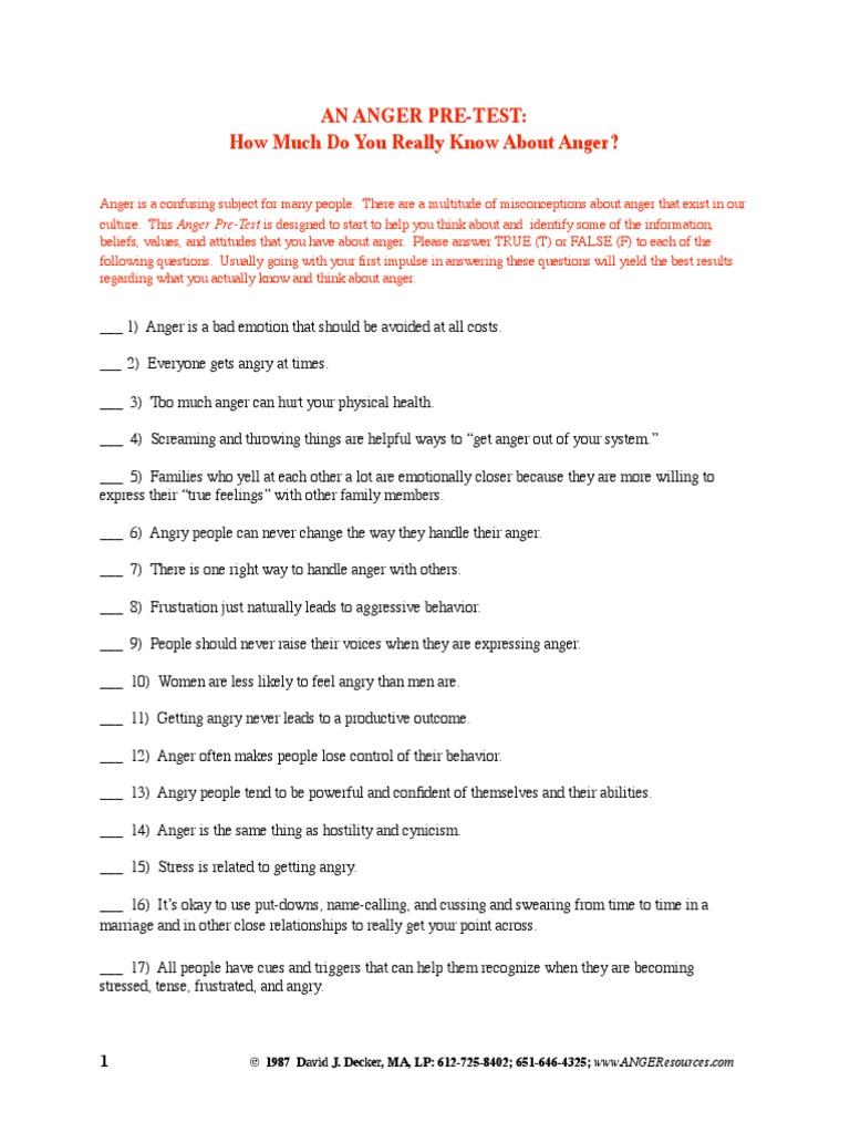 Anger Pre Test | PDF | Anger | Subjective Experience