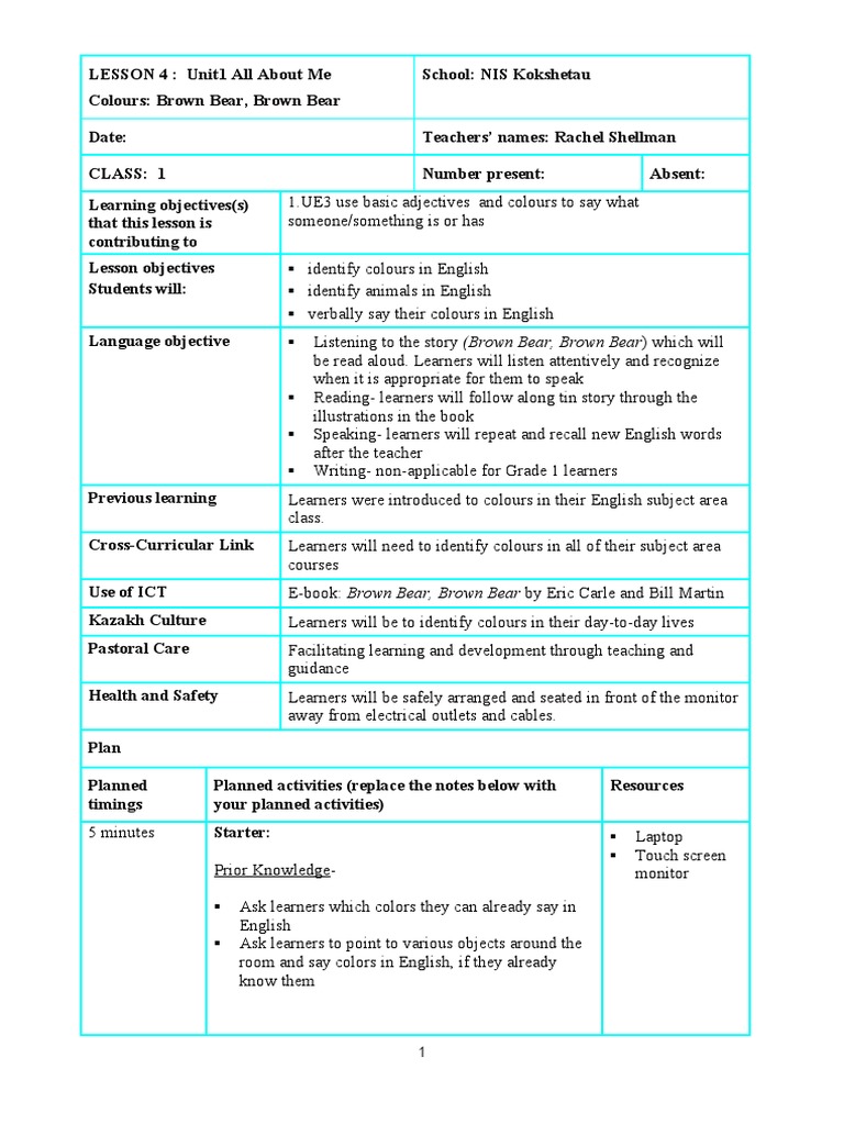 English Grade 1 Unit 1 All About Me Colors LESSON PLAN | PDF
