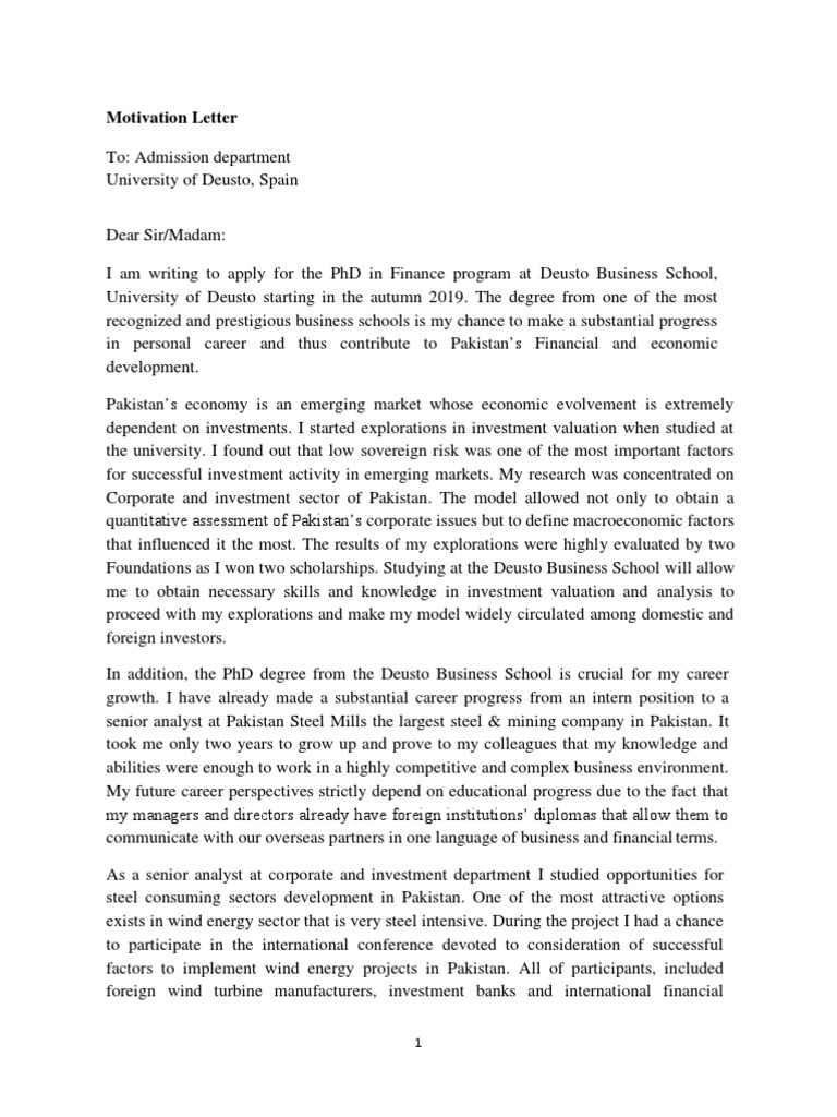 Motivation Letter for PhD | PDF | Investing | Financial Analyst