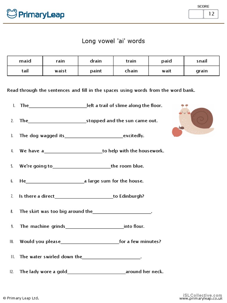 Long 'ai' Words Worksheet | PDF