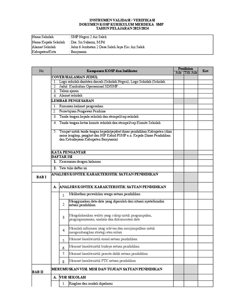 VERIFIKASI DAN VALIDASI KOSP SMP - Ok | PDF
