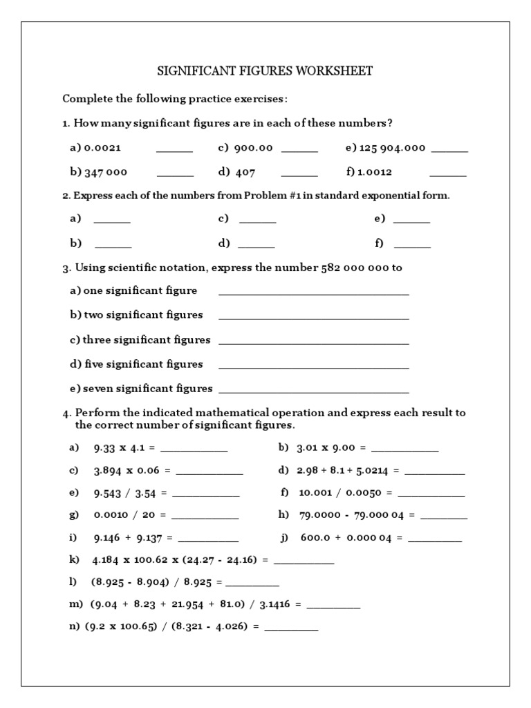 Chem U1 Significant Figures Worksheet | PDF