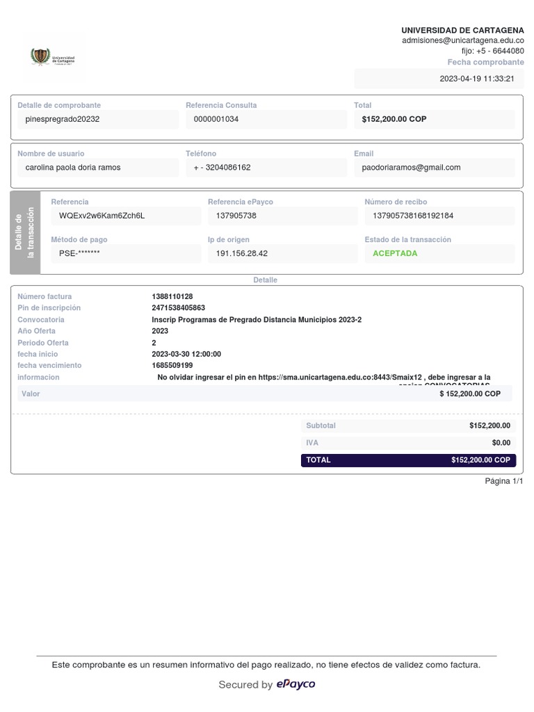 Pago de Pin Universidad de Cartagena | PDF | Industrias de servicio