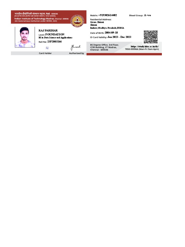 IIT Madras BS Data Science ID Card | PDF