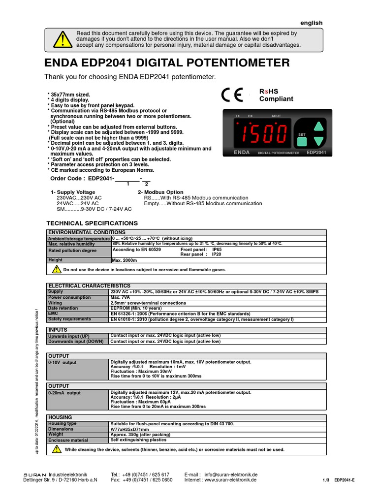 ENDA EDP2041 Digital Potentiometer Guide | PDF | Alternating Current ...