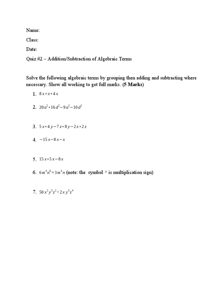 Algebraic Expressions Quiz for Class 7 | PDF