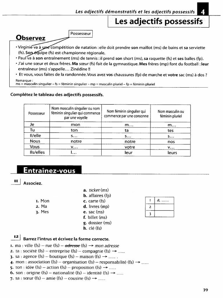Les Adjectifs Possessifs | PDF
