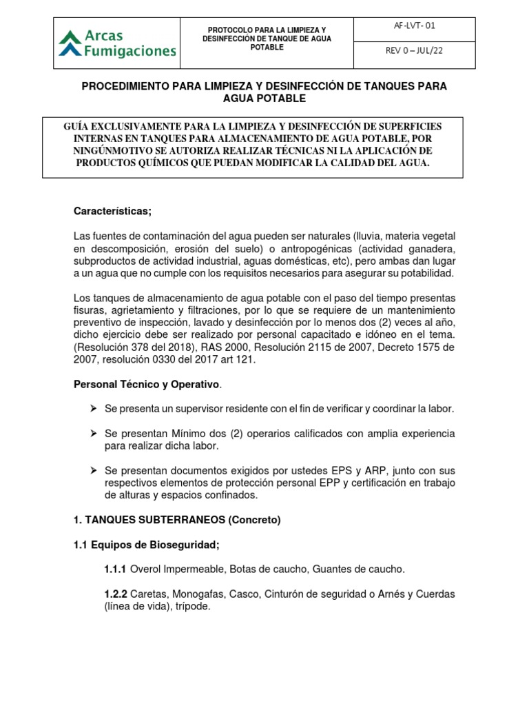 Procedimiento para Limpieza y Desinfección de Tanques de Agua Potable | PDF | Agua | Agua potable
