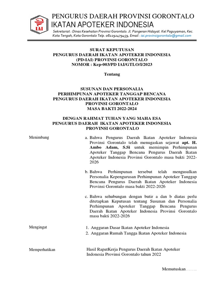 SK PD Perhimpunan Apoteker Tanggap Bencana | PDF
