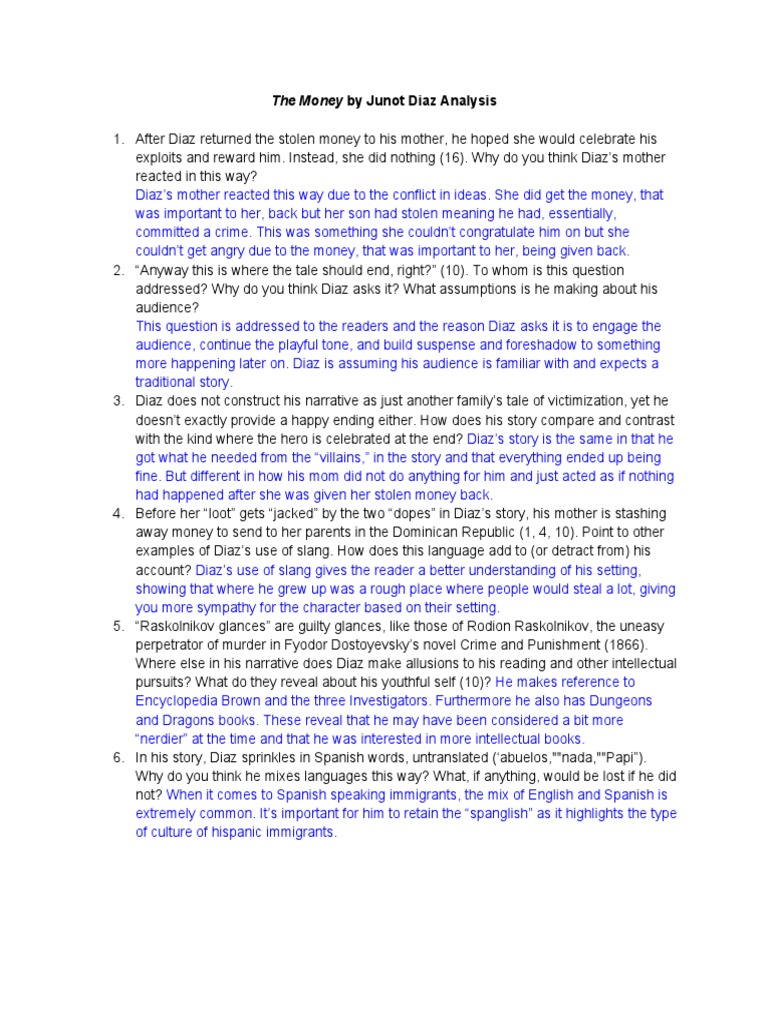 The Money by Junot Diaz Questions | PDF | Crime And Punishment
