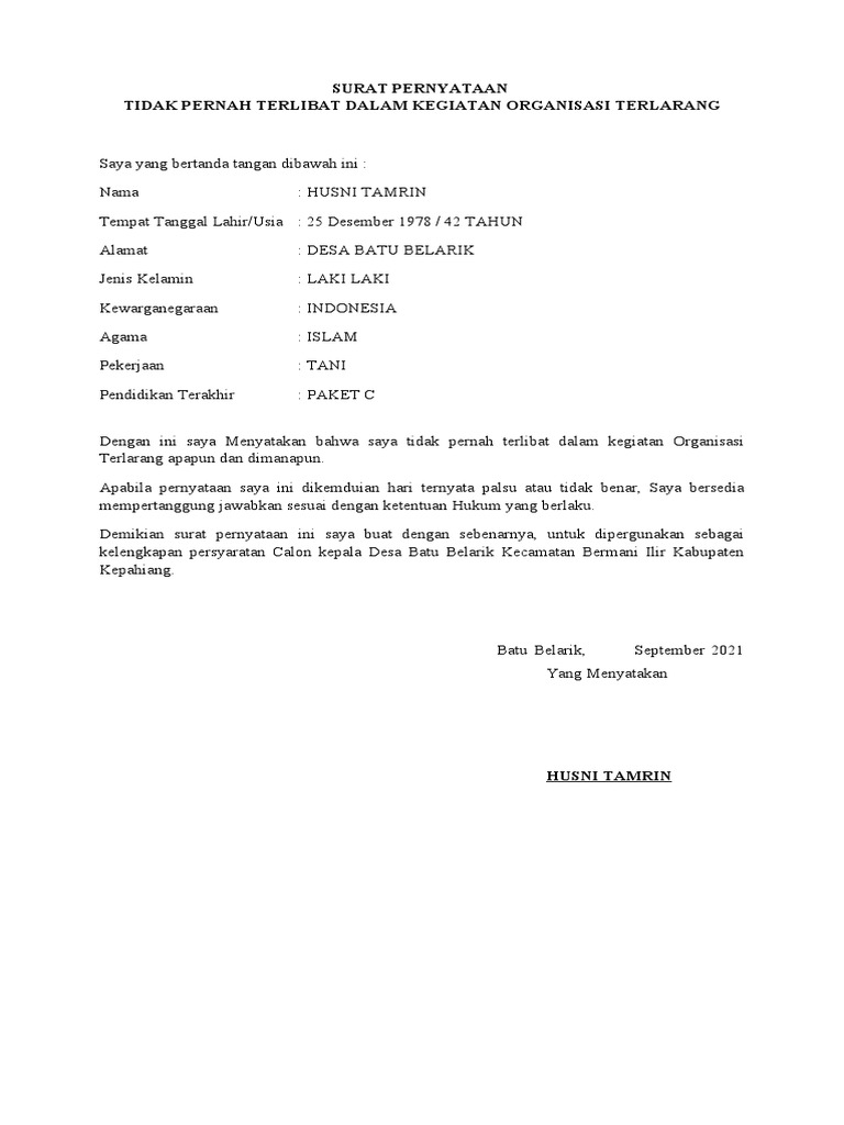 Surat Pernyataan Tidak Terlibat Organisasi Terlarang | PDF Surat Pernyataan Tidak Terlibat Organisasi Terlarang | PDF