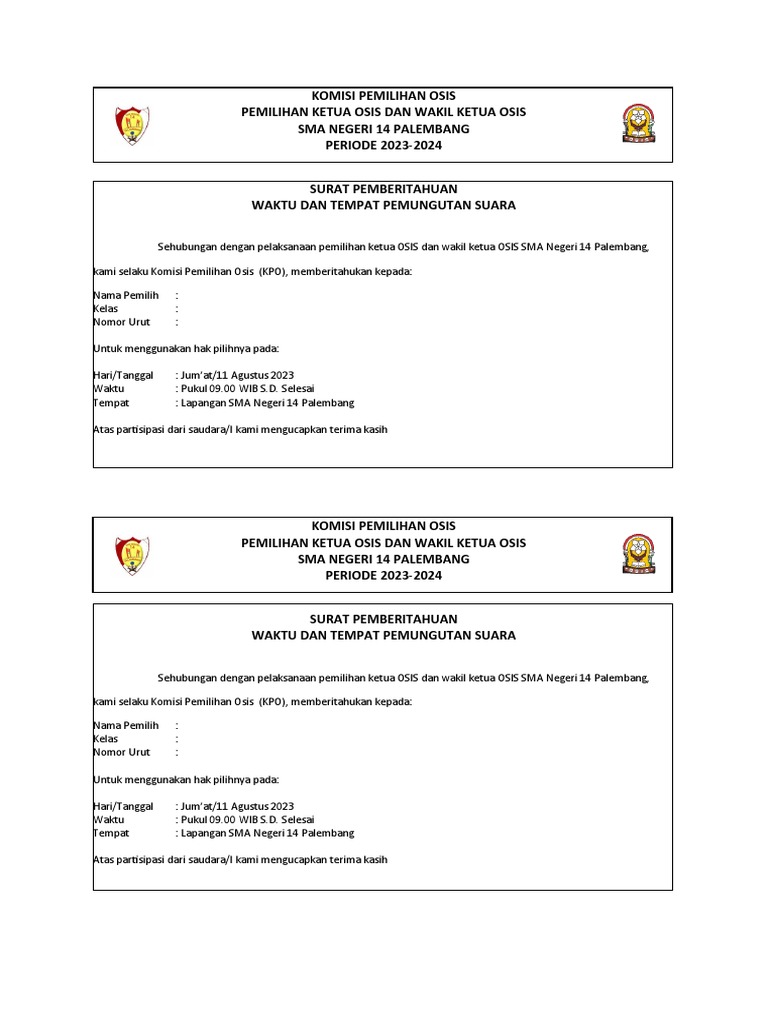 Surat Undangan Pemilihan OSIS | PDF