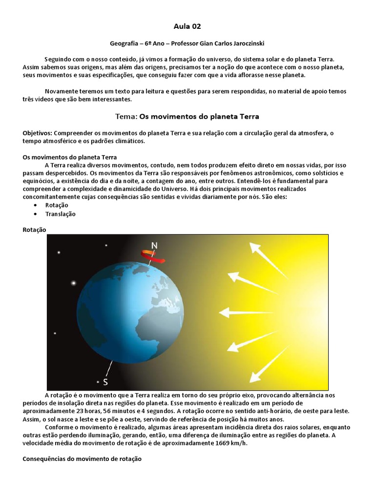 Aula 02 Os Movimentos Do Planeta Terra 1 6º ANO | PDF | Terra | Planetas