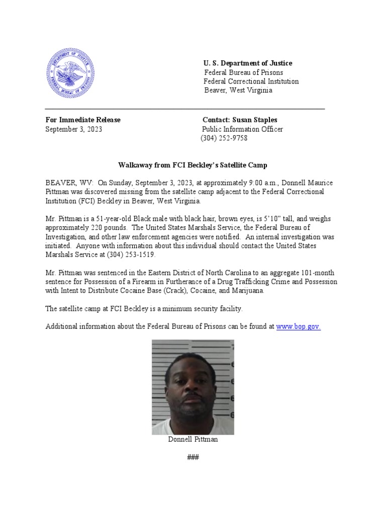 09-03-2023 - FCI Beckley - Press Release - Walkaway - Donnell Maurice ...