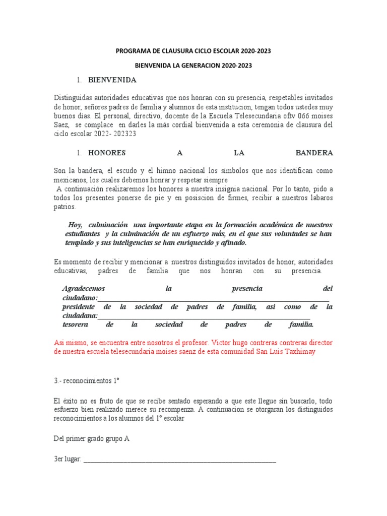 Programa de Clausura Ciclo Escolar 2023 | PDF