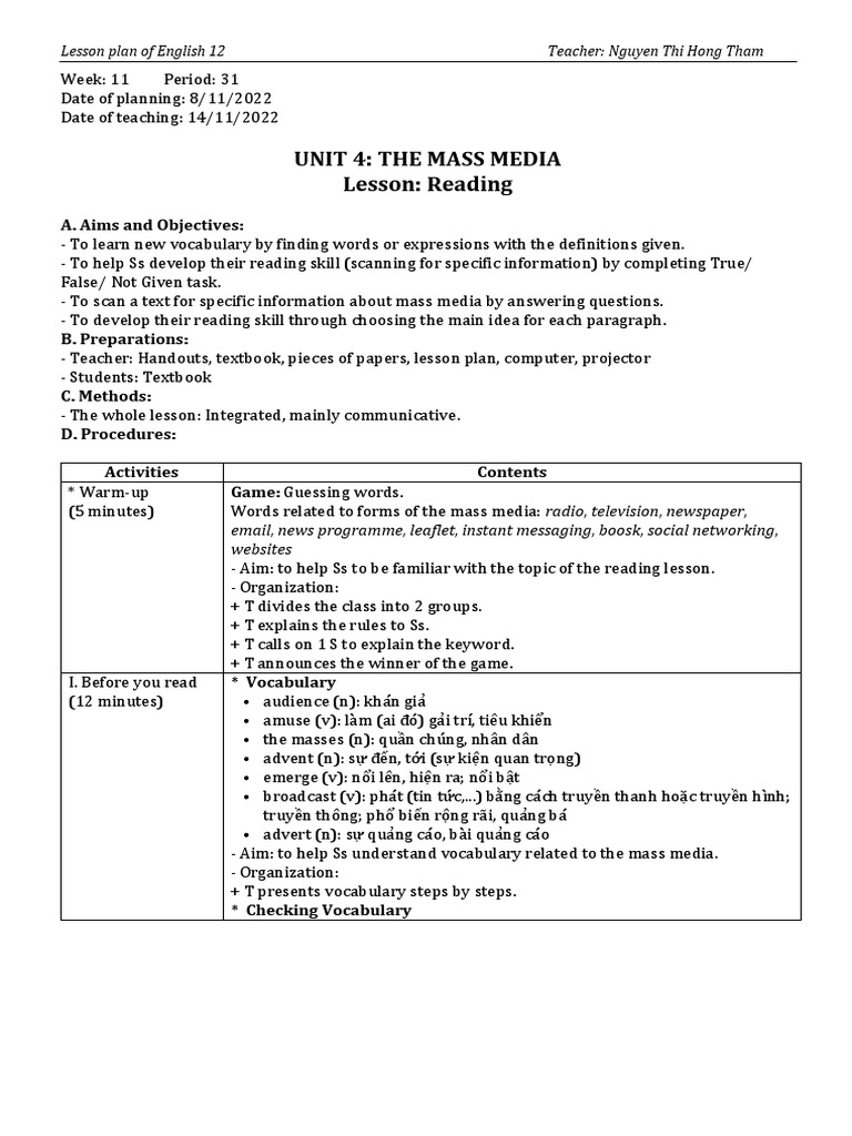 English 12: Unit 4 - Reading - Lesson Plan | Pdf