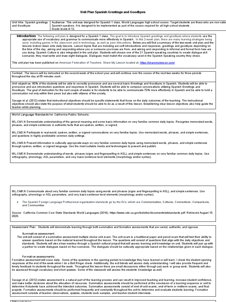 Spanish Greetings Unit Plan for High School | PDF | Educational ...