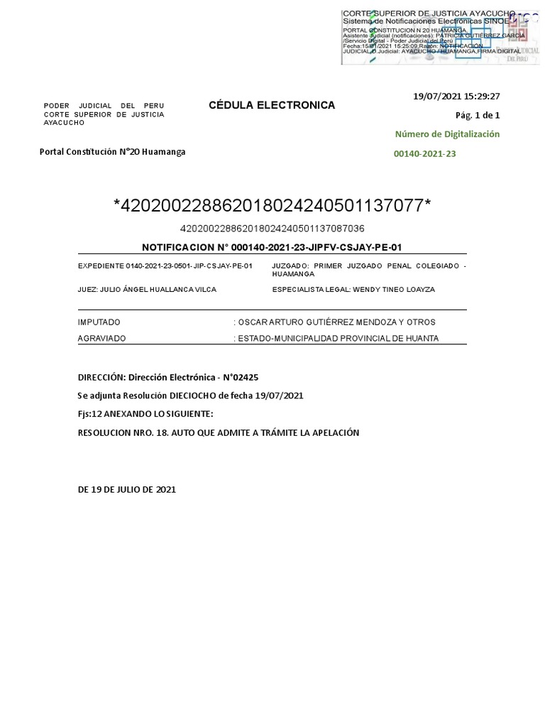Cédula Electronica: NOTIFICACION #000140-2021-23-JIPFV-CSJAY-PE-01 | PDF | Apelación | Sentencia ...